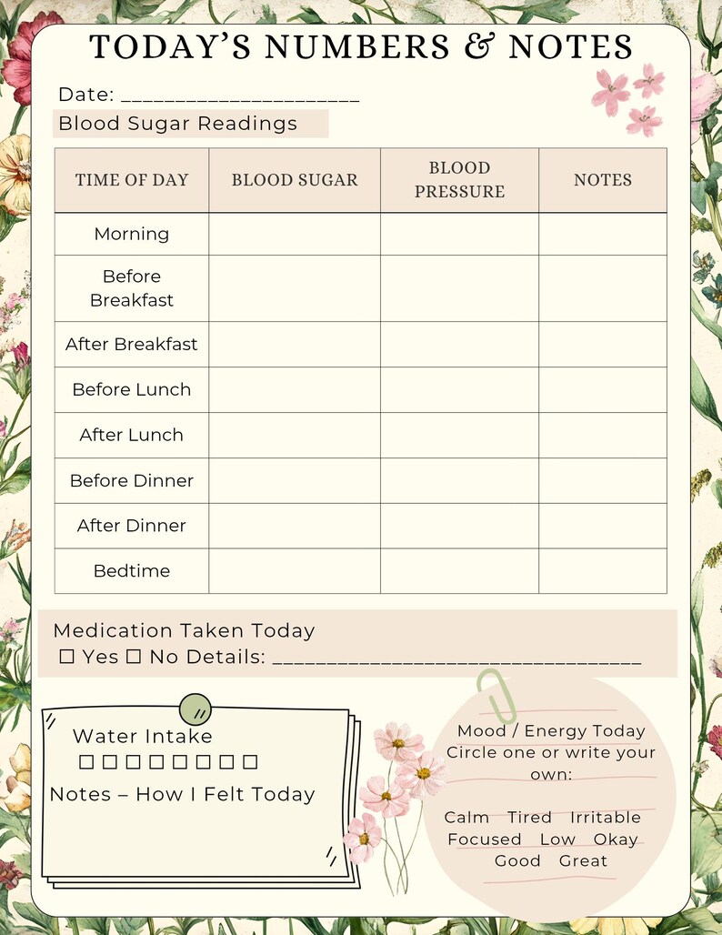 Floral Blood Sugar Log Printable Workbook 32 Pages | Diabetes Tracker ...