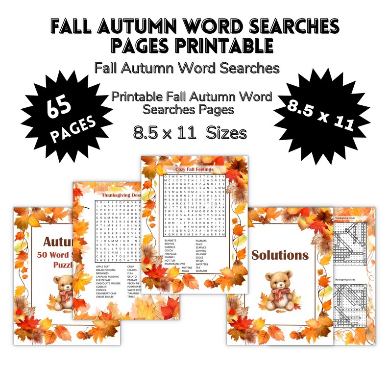 Fall Autumn Word Search Printable 65 Pages, Autumn Word Puzzle Game ...