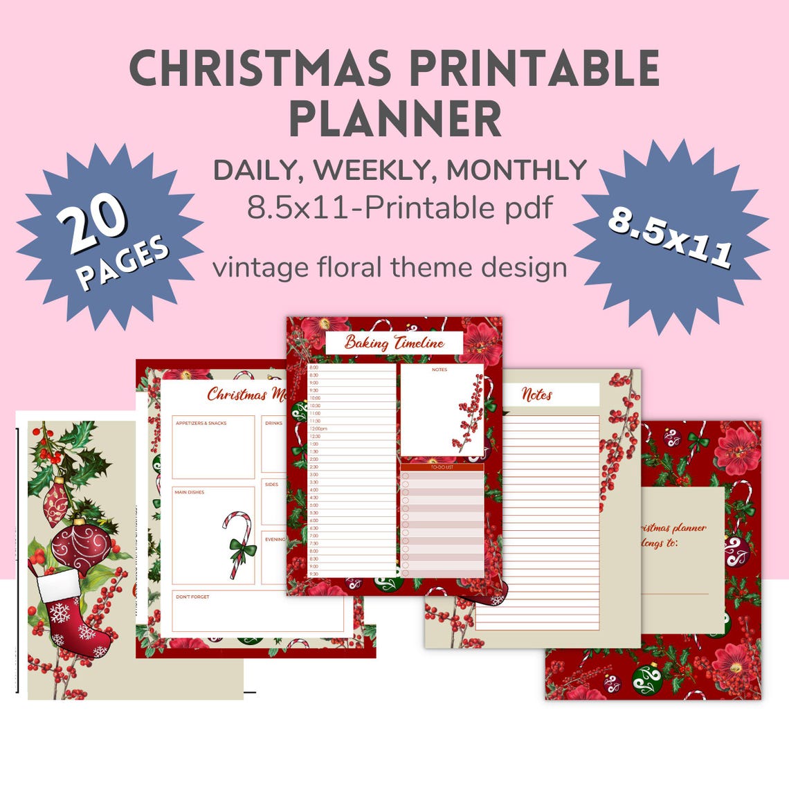 Vintage Floral Christmas Planner With Hand Painted Glitter Ornaments,20 ...