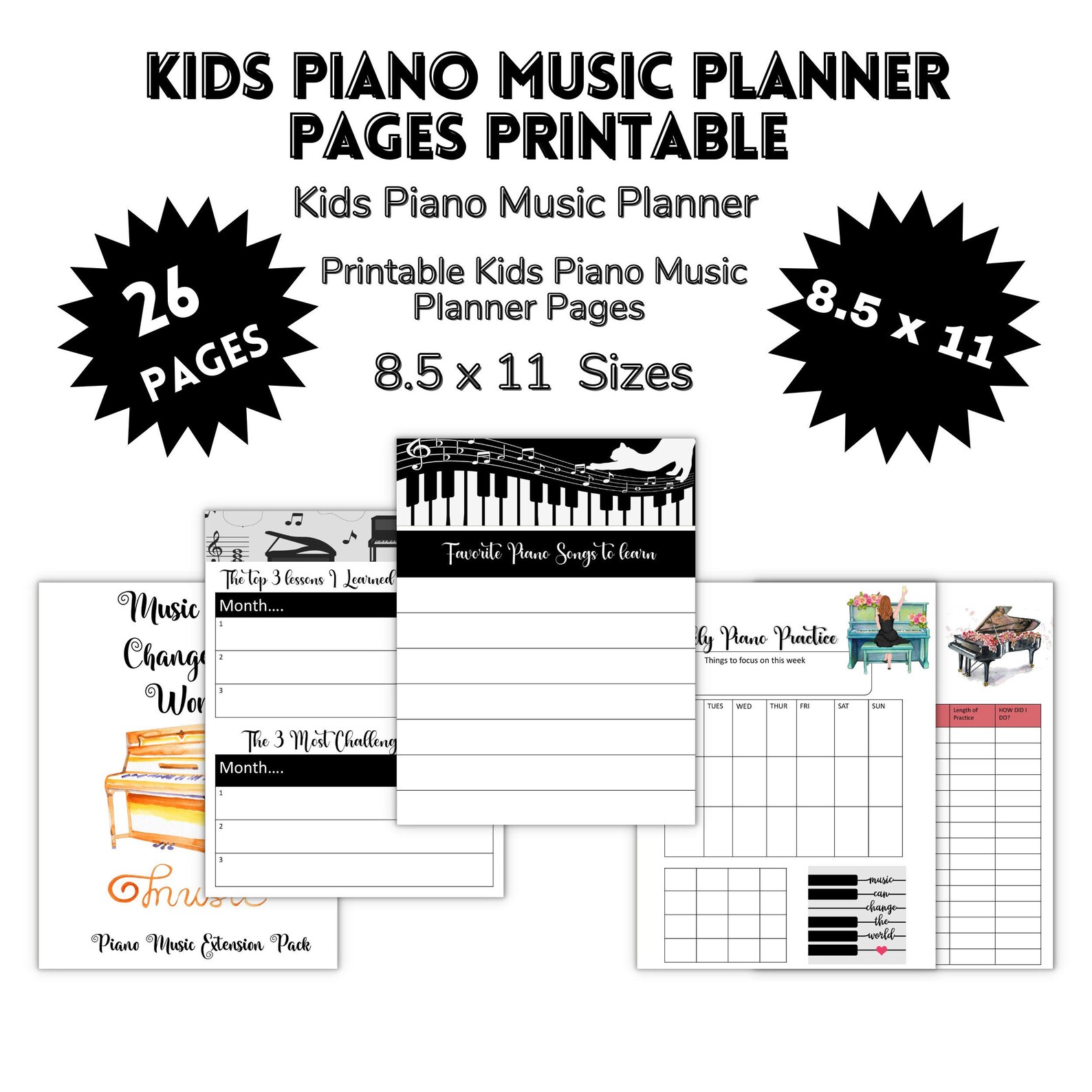 Kids Piano Practice Planner Printable PDF – 26 Page Music Lesson ...