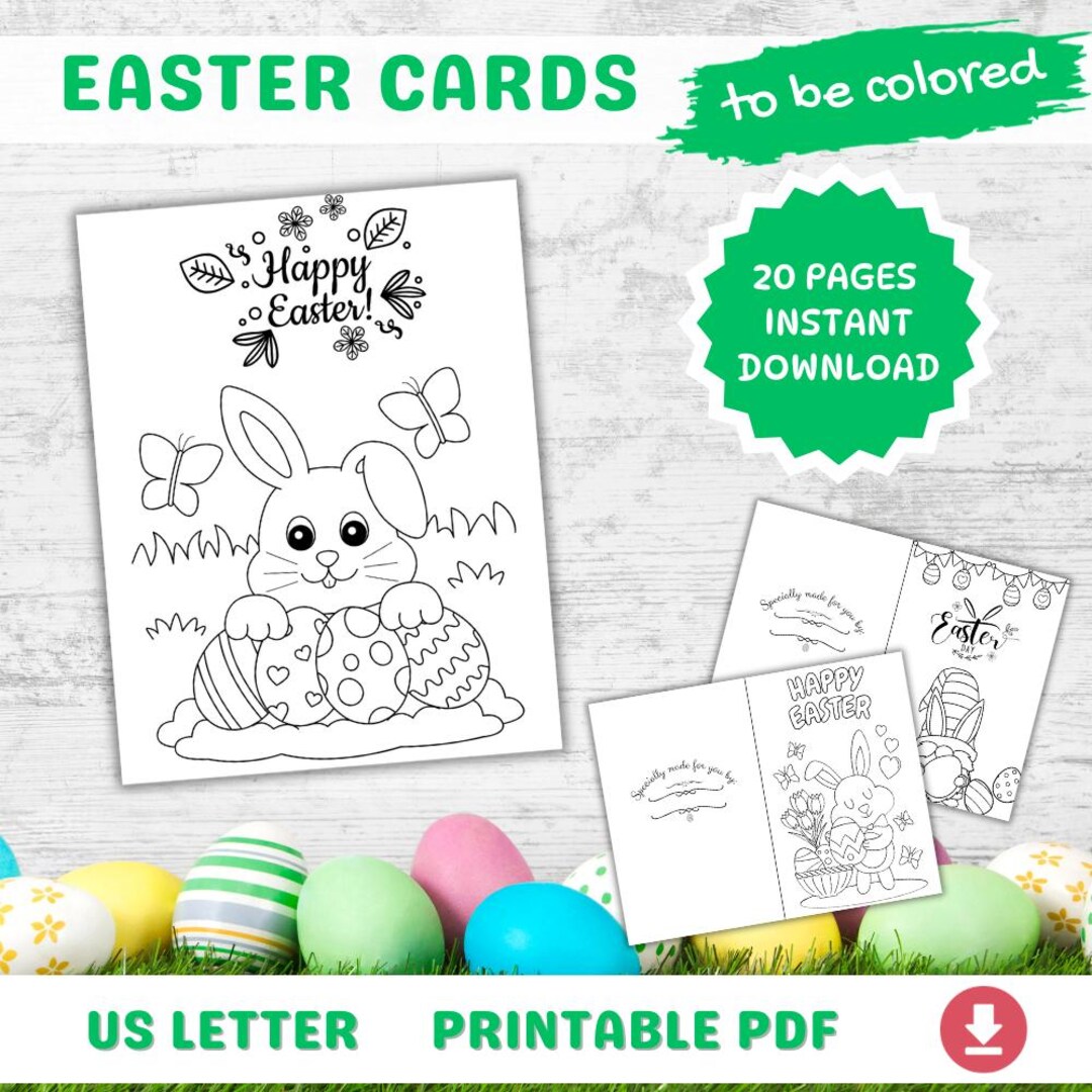 Kids Coloring Easter Cards Printable Set,color Your Own Easter Cards ...