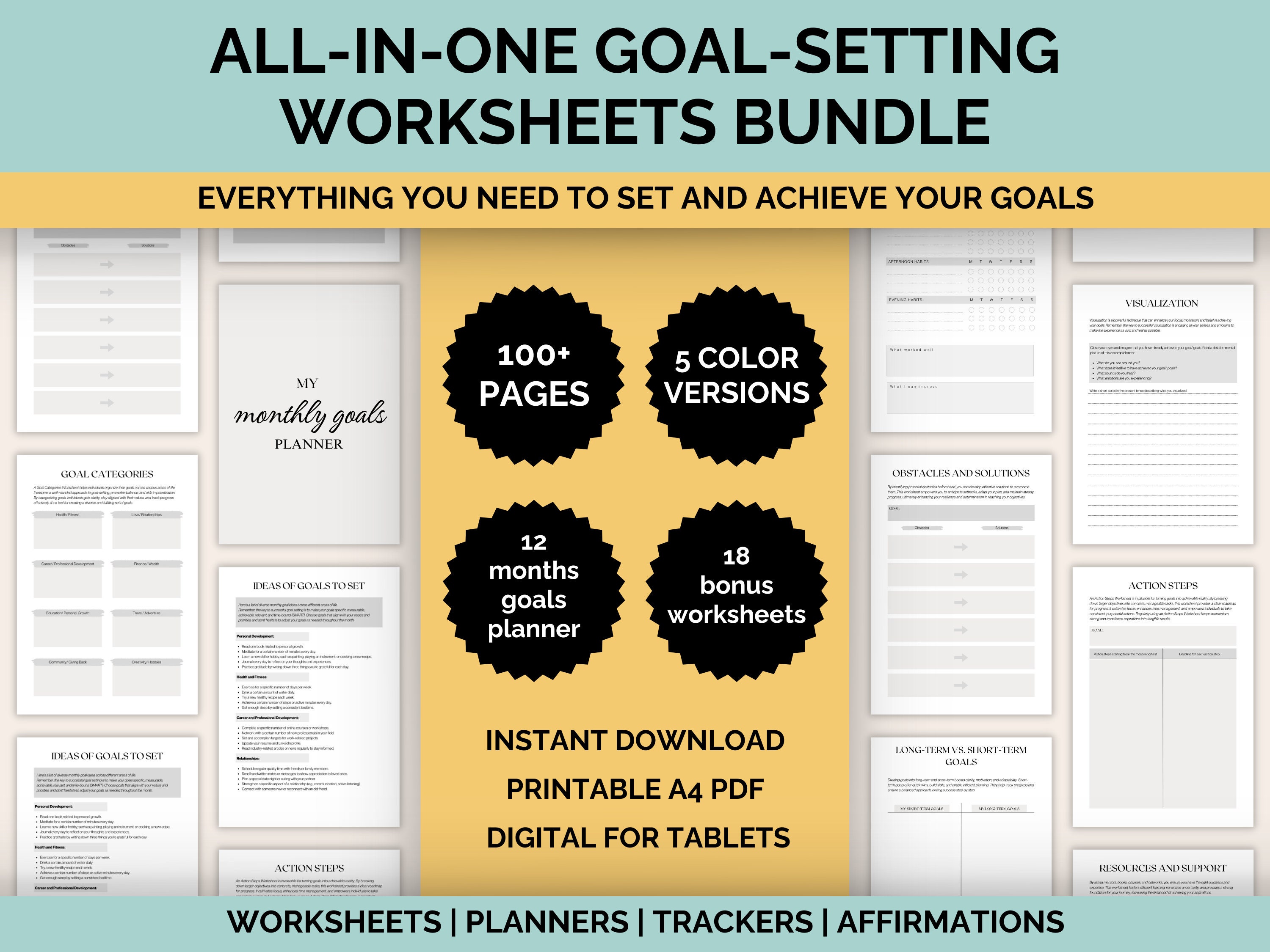 All-in-one Goal Setting Worksheets Bundle, Printable Goal Planner ...