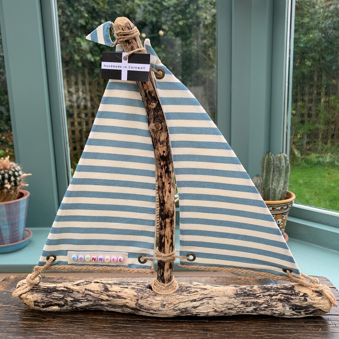 Driftwood Boat Nautical Stripey Blue and White Patterned Sails With ...