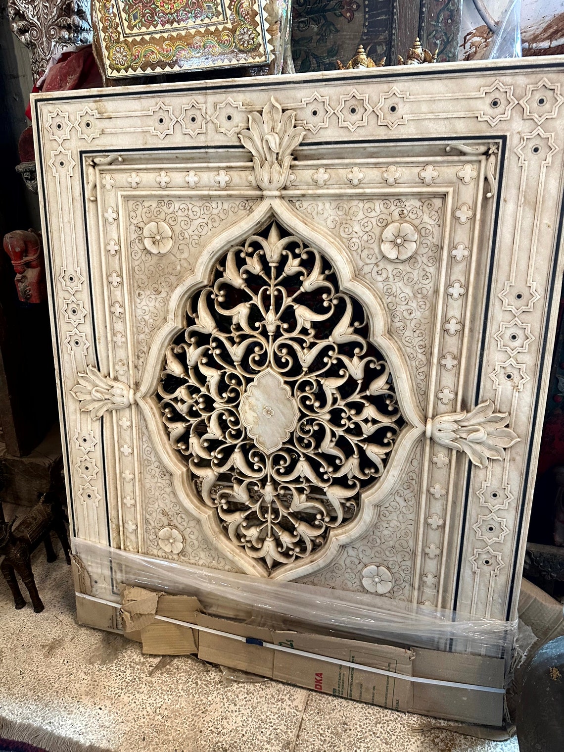 Square Carved Floral Jaali, Mughal Wall Art, Marble Wall Panel, Vintage ...