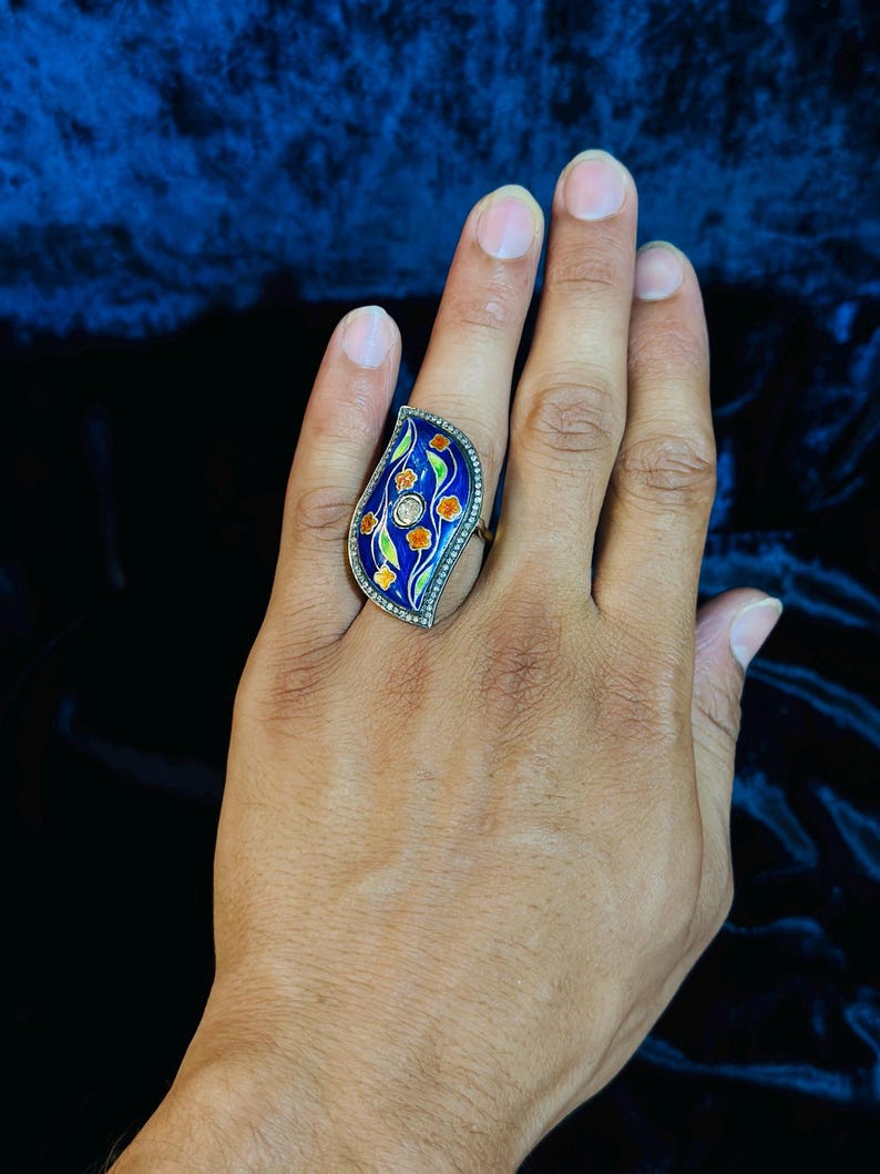 18K Solid Gold, Enamel Ring, Colorful Ring, Vintage Cloisonné, Hand ...