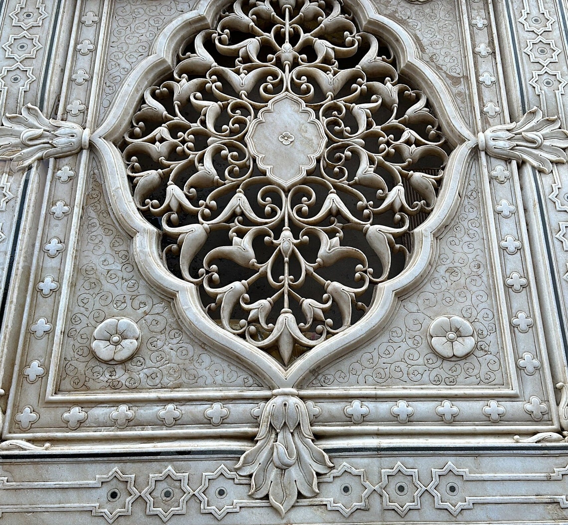 Square Carved Floral Jaali, Mughal Wall Art, Marble Wall Panel, Vintage ...