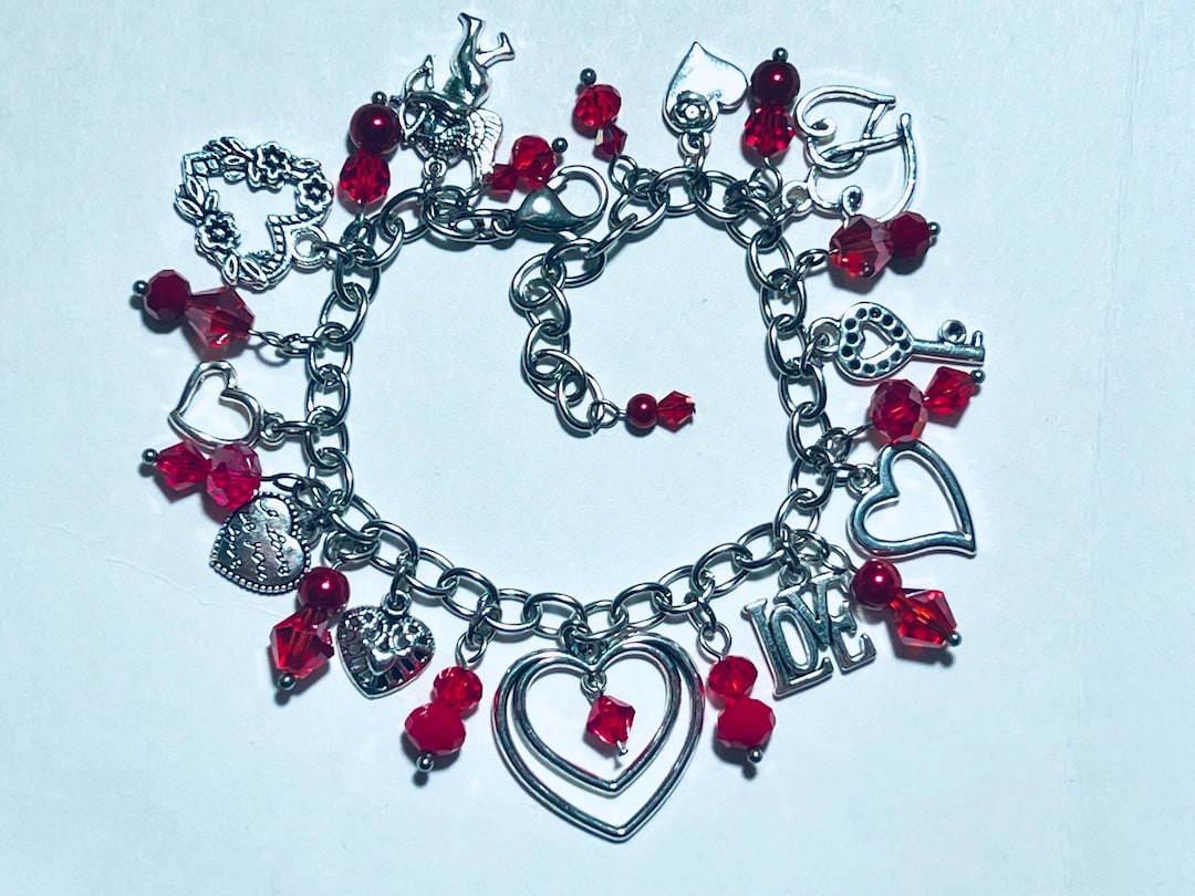 Handmade Heart Bracelet / Valentine Charm Bracelet / Red Crystal and ...