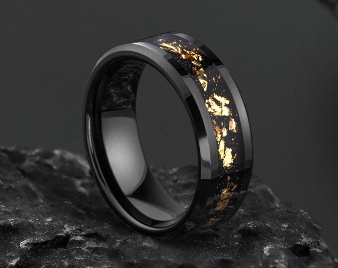 Custom Engraved 18k Gold Leaf Inlay Ring,8 Mm Gold Foil Men's Wedding ...