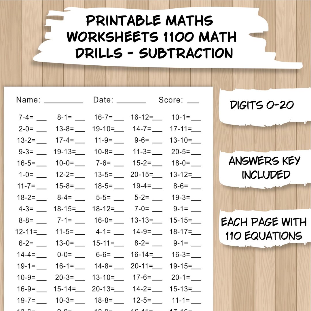 Maths Drill Subtraction Worksheets, Printable Numbers 0 to 20, Practice ...