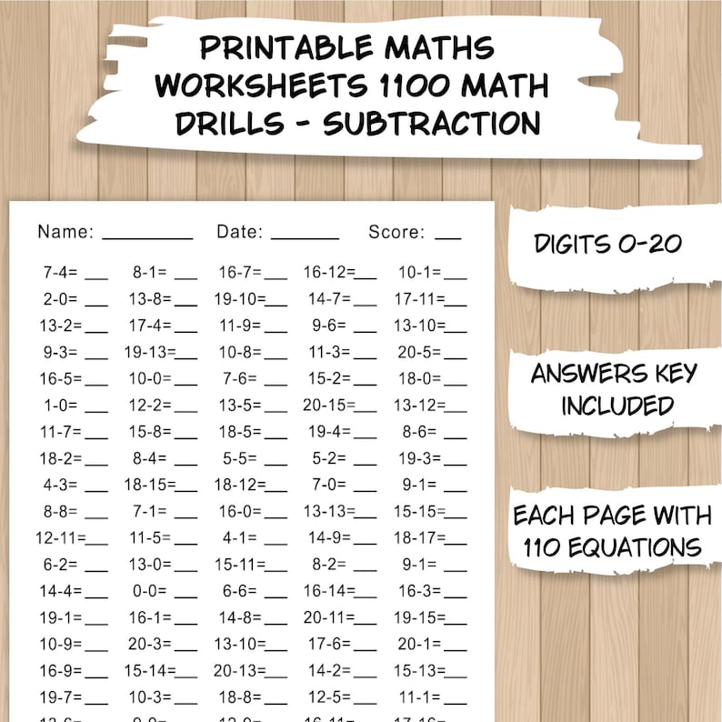 Maths Drill Subtraction Worksheets, Printable Numbers 0 to 20, Practice ...