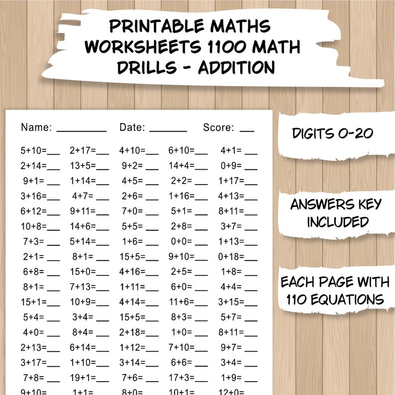 Maths Drill Addition Worksheets, Printable Numbers 0 to 20, Practice ...