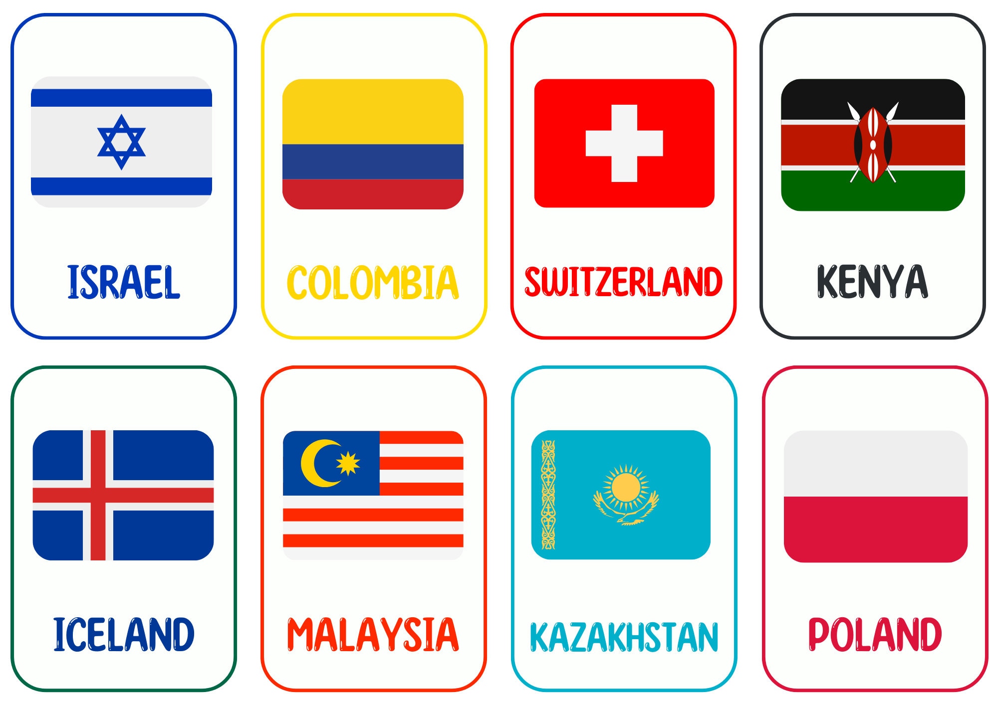 30 Countries Flags Flash Cards part1, Instant Download, World Flags ...