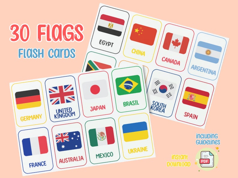 30 Countries Flags Flash Cards part1, Instant Download, World Flags ...