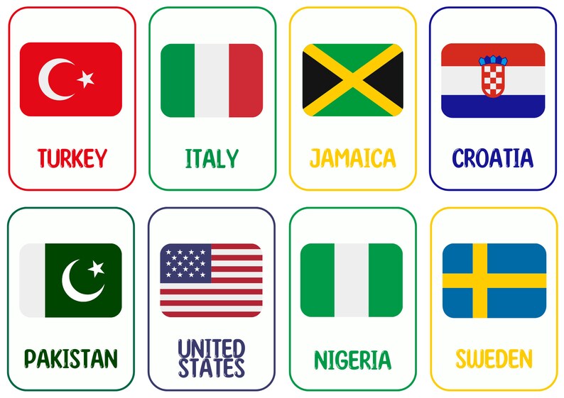 30 Countries Flags Flash Cards part1, Instant Download, World Flags ...