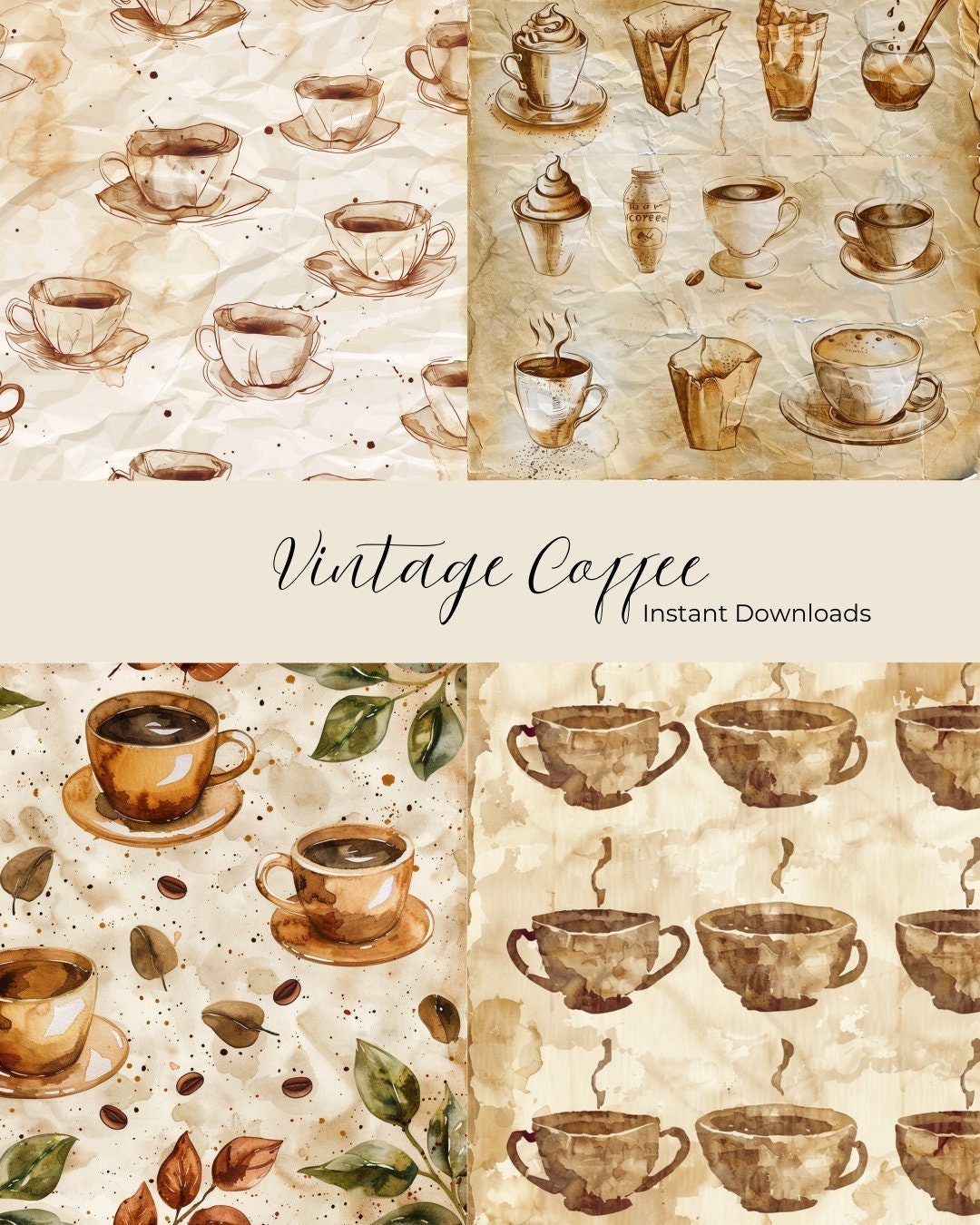 10 Seamless Vintage Coffee Background Prints to Download, Digital Art ...
