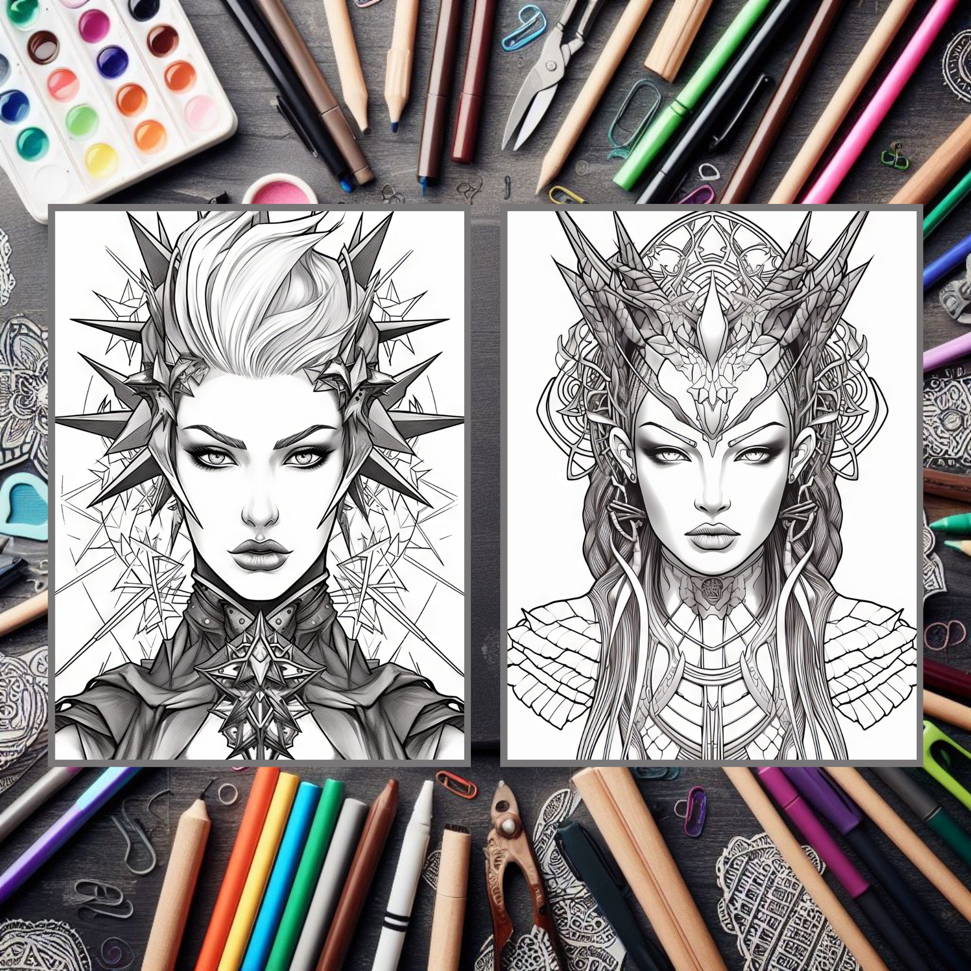 30 Fantasy Queens Colouring Pages for Adults and Kids. Grayscale ...