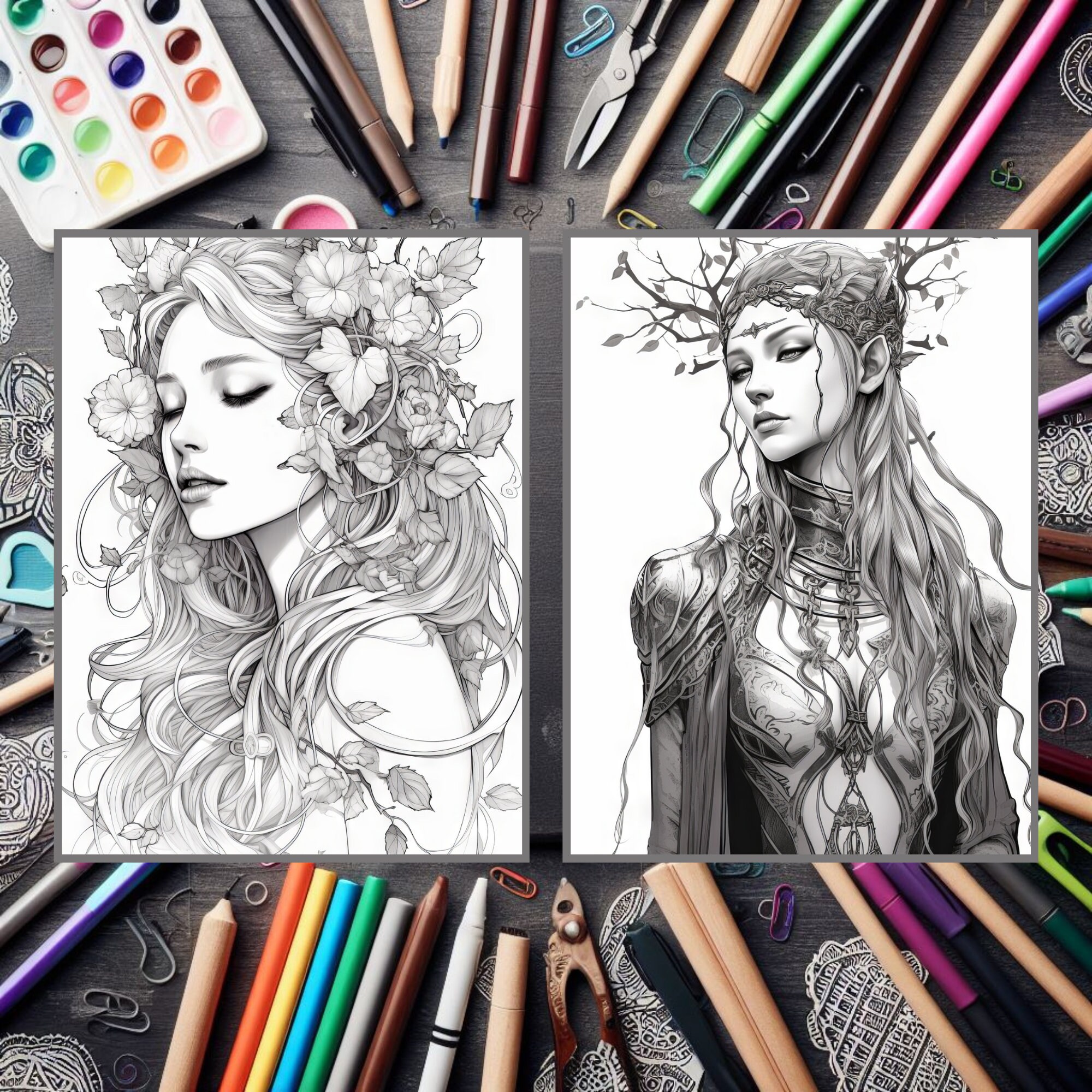 25 Fantasy Fairies Colouring Pages for Adults and Kids. Grayscale ...