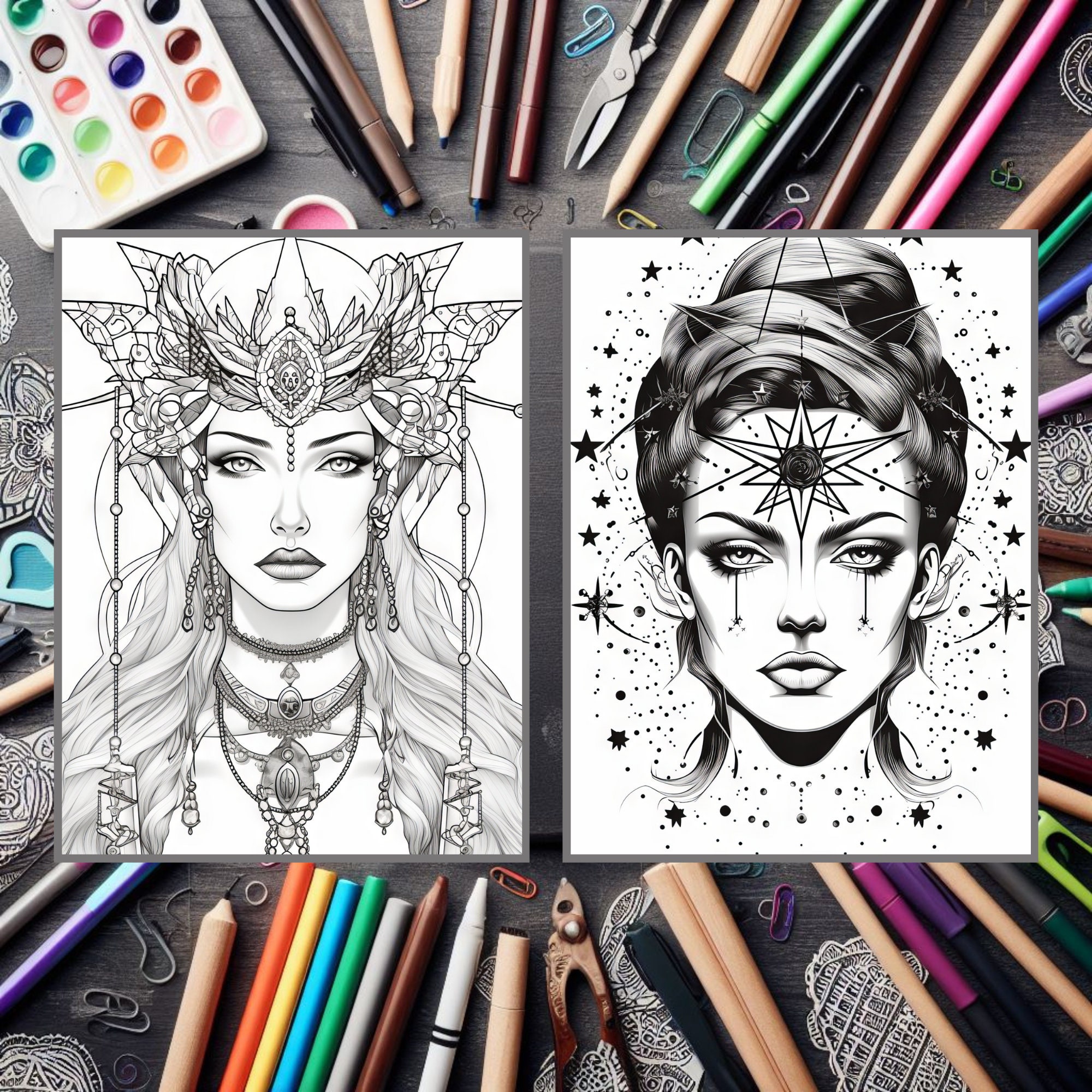 30 Fantasy Queens Colouring Pages for Adults and Kids. Grayscale ...