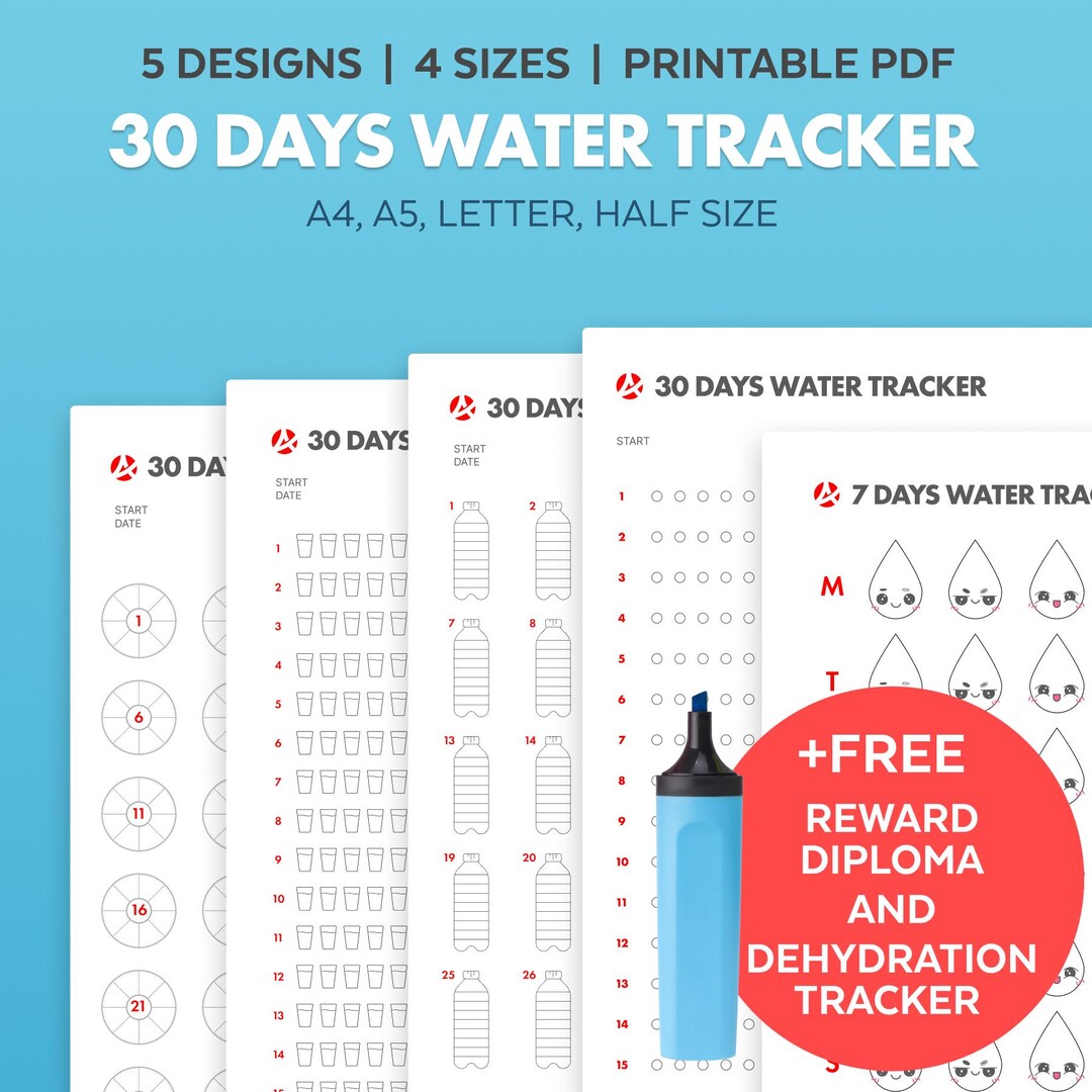 Monthly Water Tracker Printable, 30 Days Water Challenge, Dehydration ...
