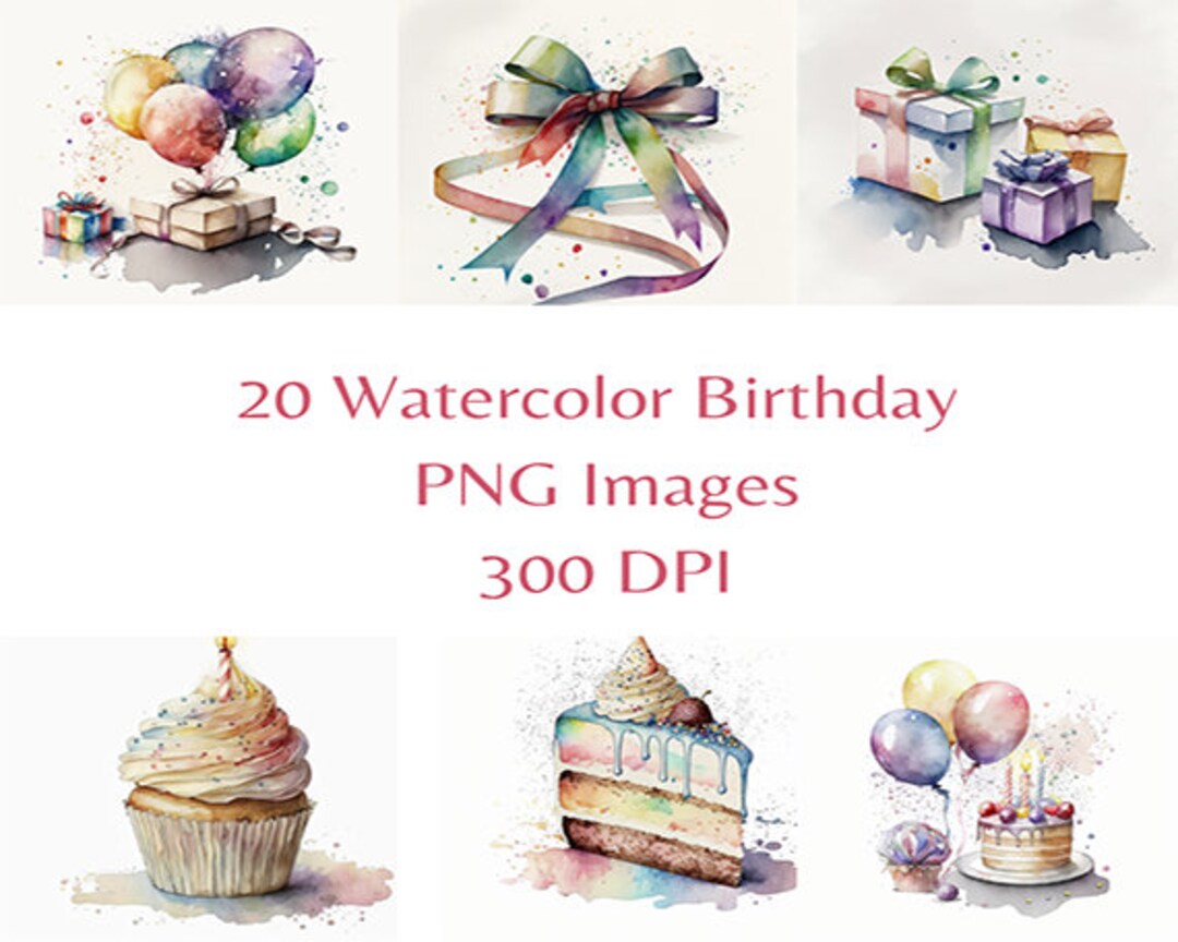 20 Watercolor Birthday Clipart Images PNG Commercial Use - Etsy UK