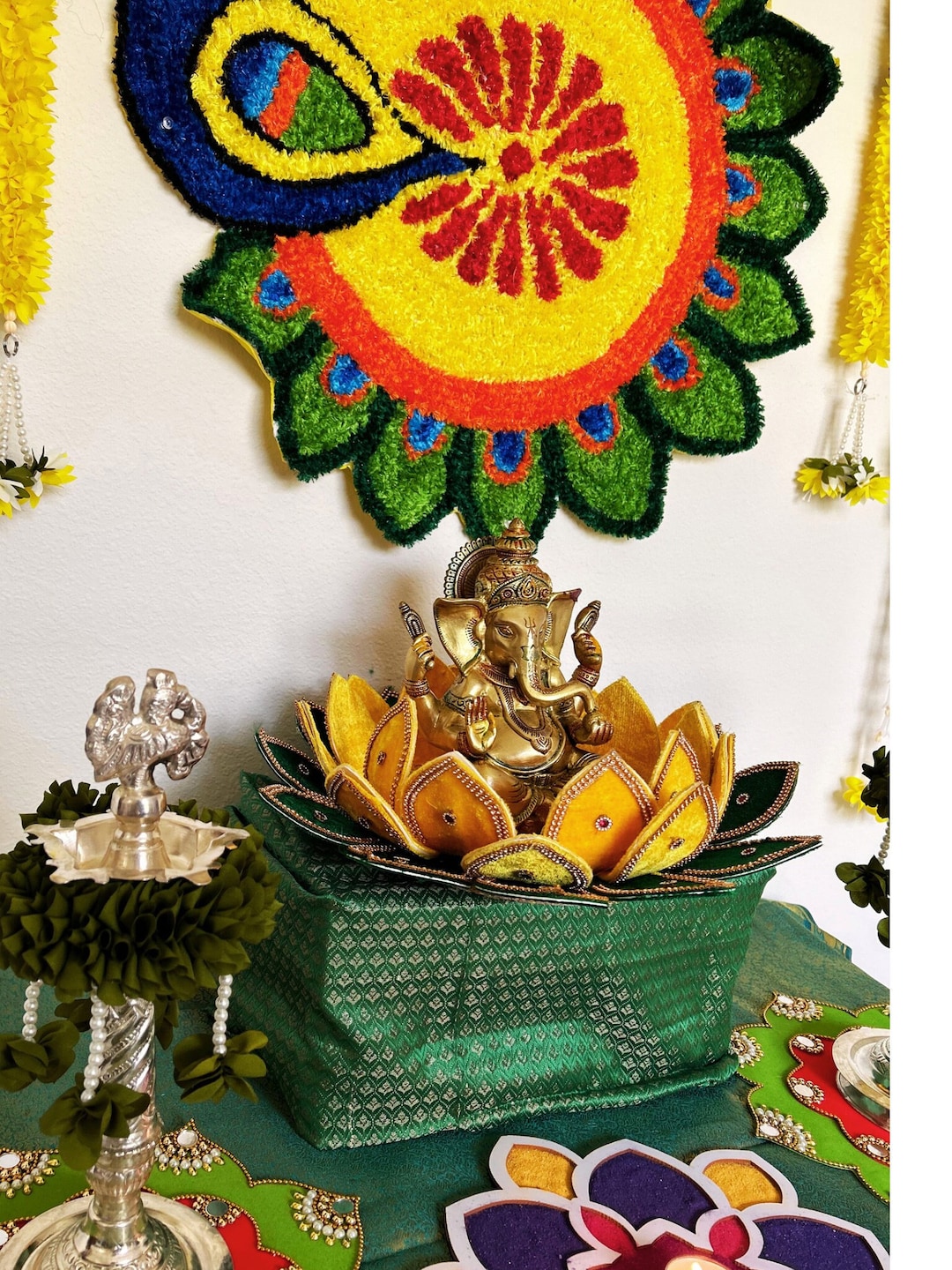 Indian Pooja Peacock Theme Rangoli Mat Ganesha Pooja Diya Mat Mdf Rangoli Flower Strings