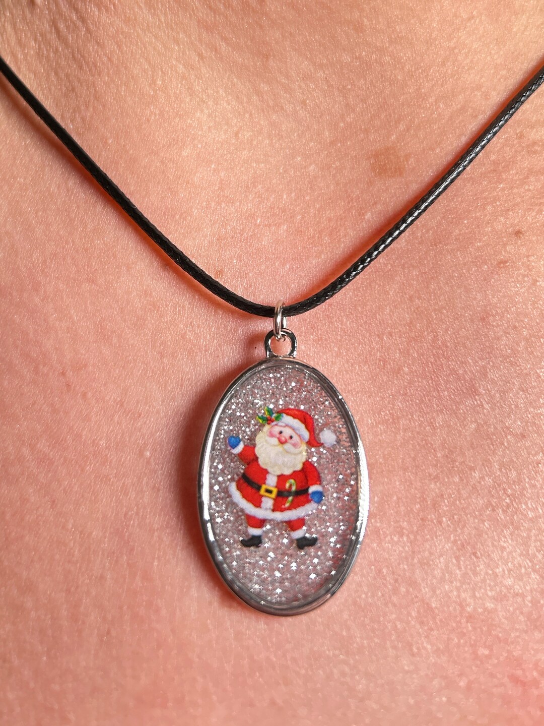 Cute Glittery Santa Necklace Resin Pendant Charm on A Black Leather ...