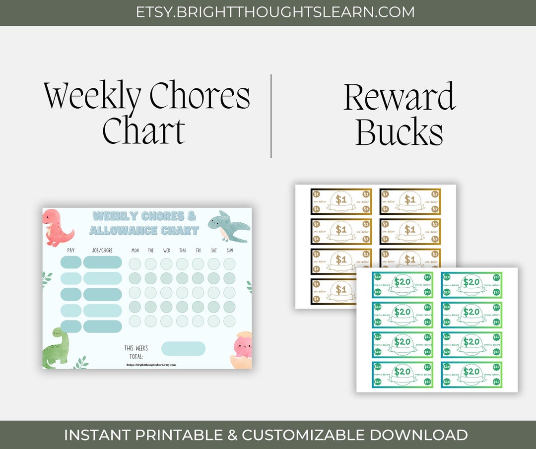 Chore Chart Allowance Chart Customizable Kids Bucks Reward Bucks Chore ...