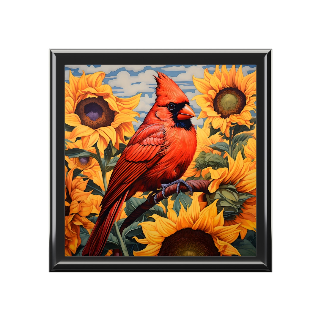 Male Cardinal With Sunflowers Art Print Gift and Jewelry Box - Etsy