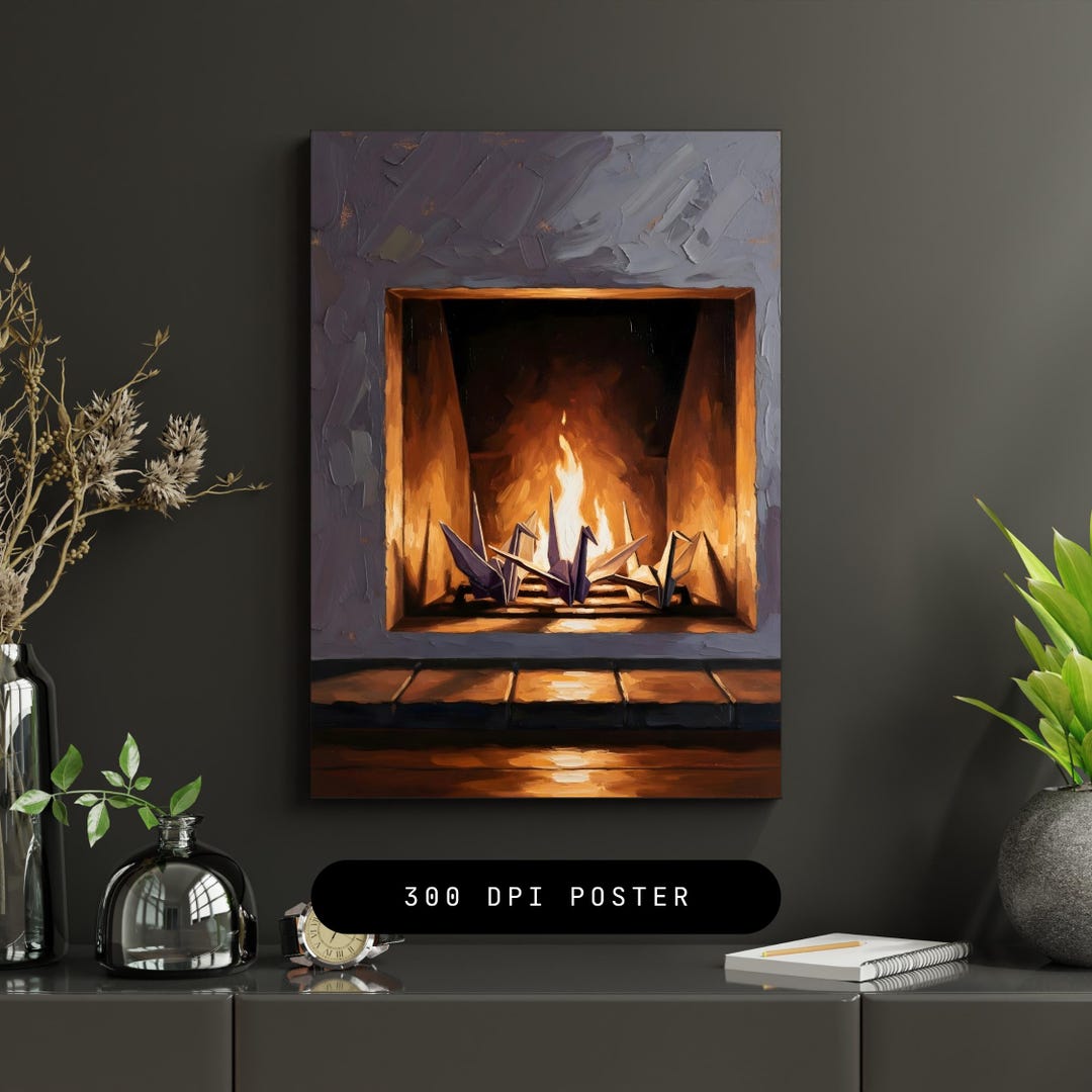 Origami Fire Birds Oil Painting: Surreal Fireplace Art (digital ...