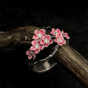 Handmade Sterling Silver Sakura Blossom Ring, Pink Enamel Floral ...
