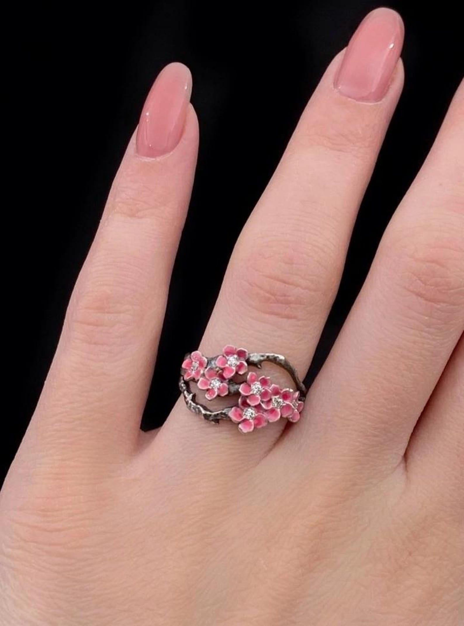 Handmade Sterling Silver Sakura Blossom Ring, Pink Enamel Floral ...