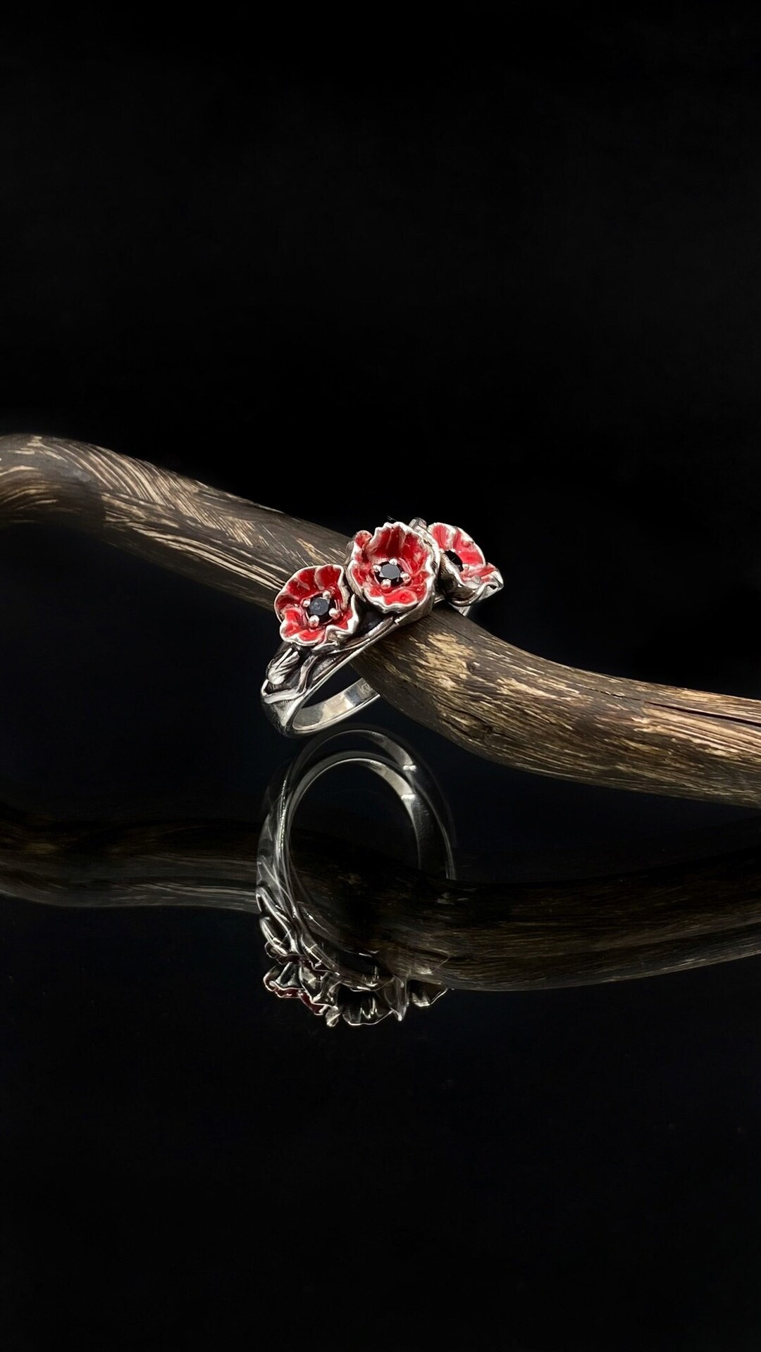 Handmade Sterling Silver Red Poppy Ring, Enamel Floral Jewelry - Etsy