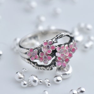 Handmade Sterling Silver Sakura Blossom Ring, Pink Enamel Floral ...