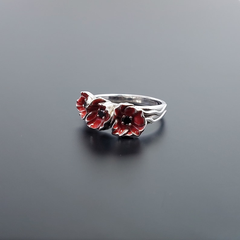 Handmade Sterling Silver Red Poppy Ring, Enamel Floral Jewelry - Etsy
