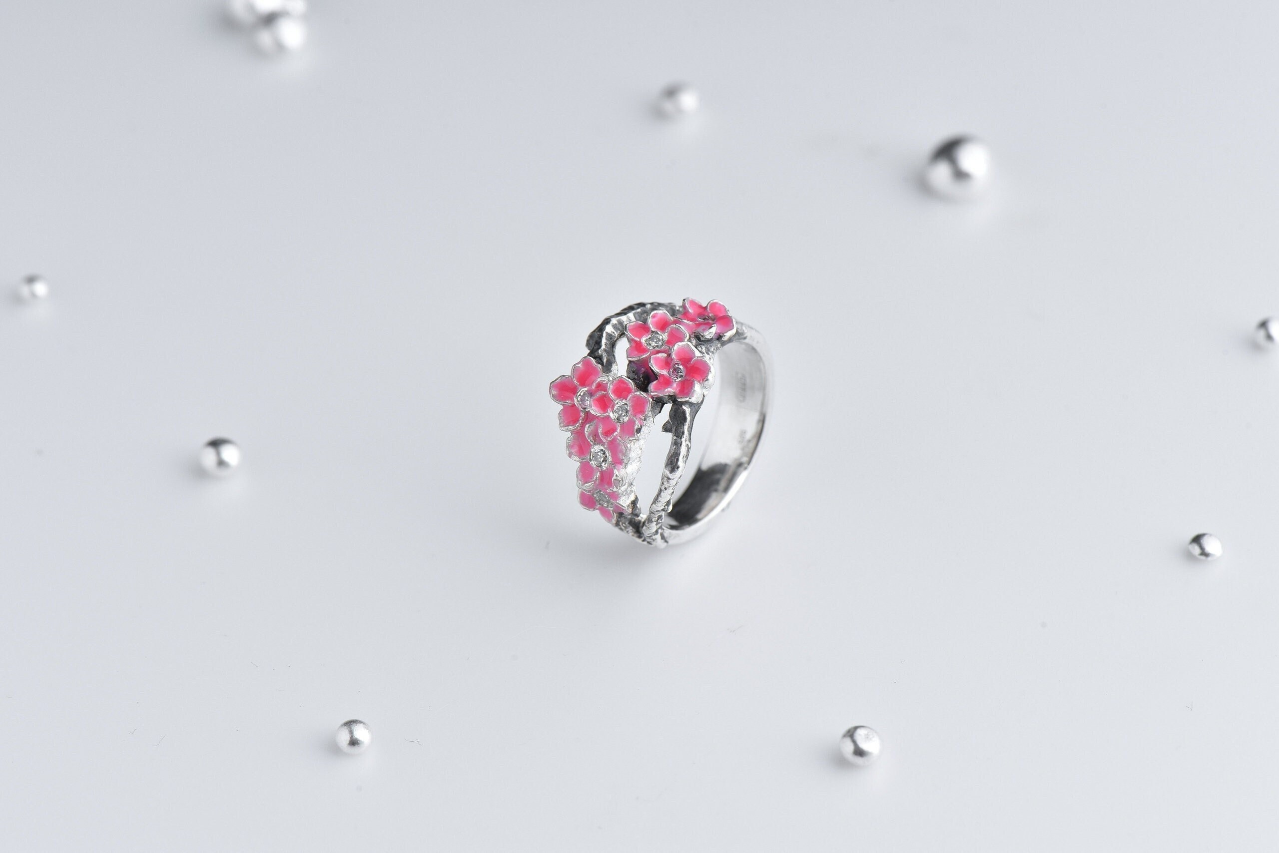 Handmade Sterling Silver Sakura Blossom Ring, Pink Enamel Floral ...