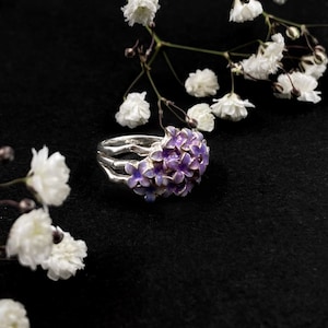 Sterling Silver Lilac Blossom Ring, Handmade Flower Jewelry, Adjustable ...