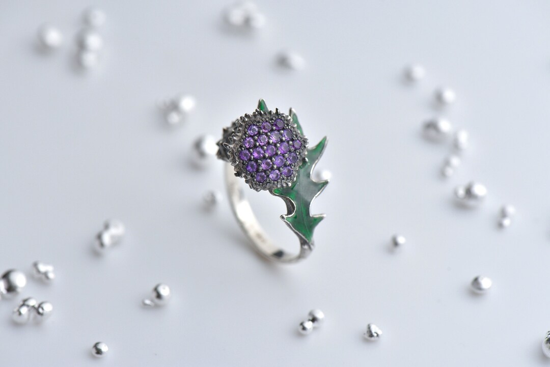 Sterling Silver Thistle Ring: Enamel & Cubic Zirconia Floral Jewelry - Etsy
