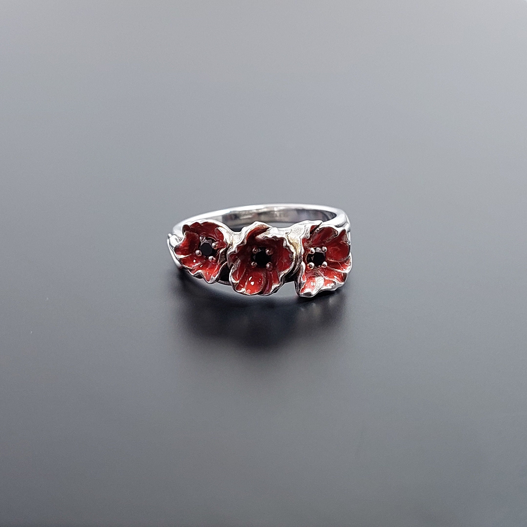 Sterling Silver Poppy Flowers Ring, Handmade Flower Ring, Floral ...