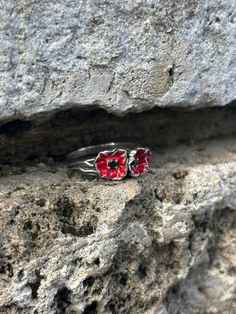 Handmade Sterling Silver Red Poppy Ring, Enamel Floral Jewelry - Etsy