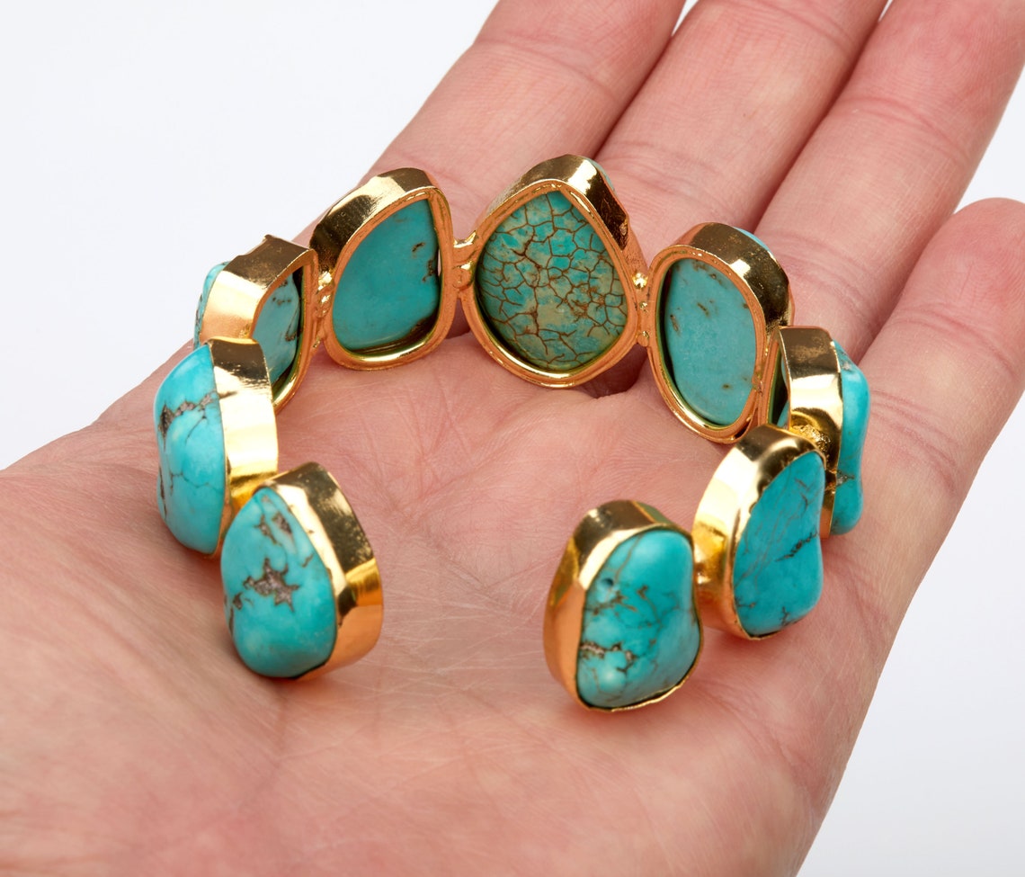 Large Turquoise Stone Chain Cuffbezeled Turquoise - Etsy
