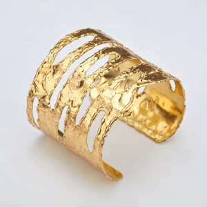 Very Wide Rustic Fashion Ripped Brass Cuff, Gold Toned Textured Brass ...
