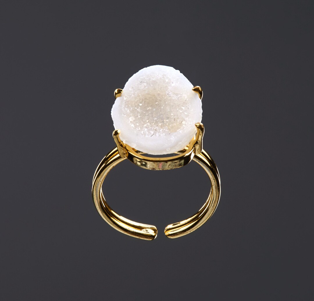 Opened White Quartz Geode Ring on Double Brass Wire Band, Half Oval ...