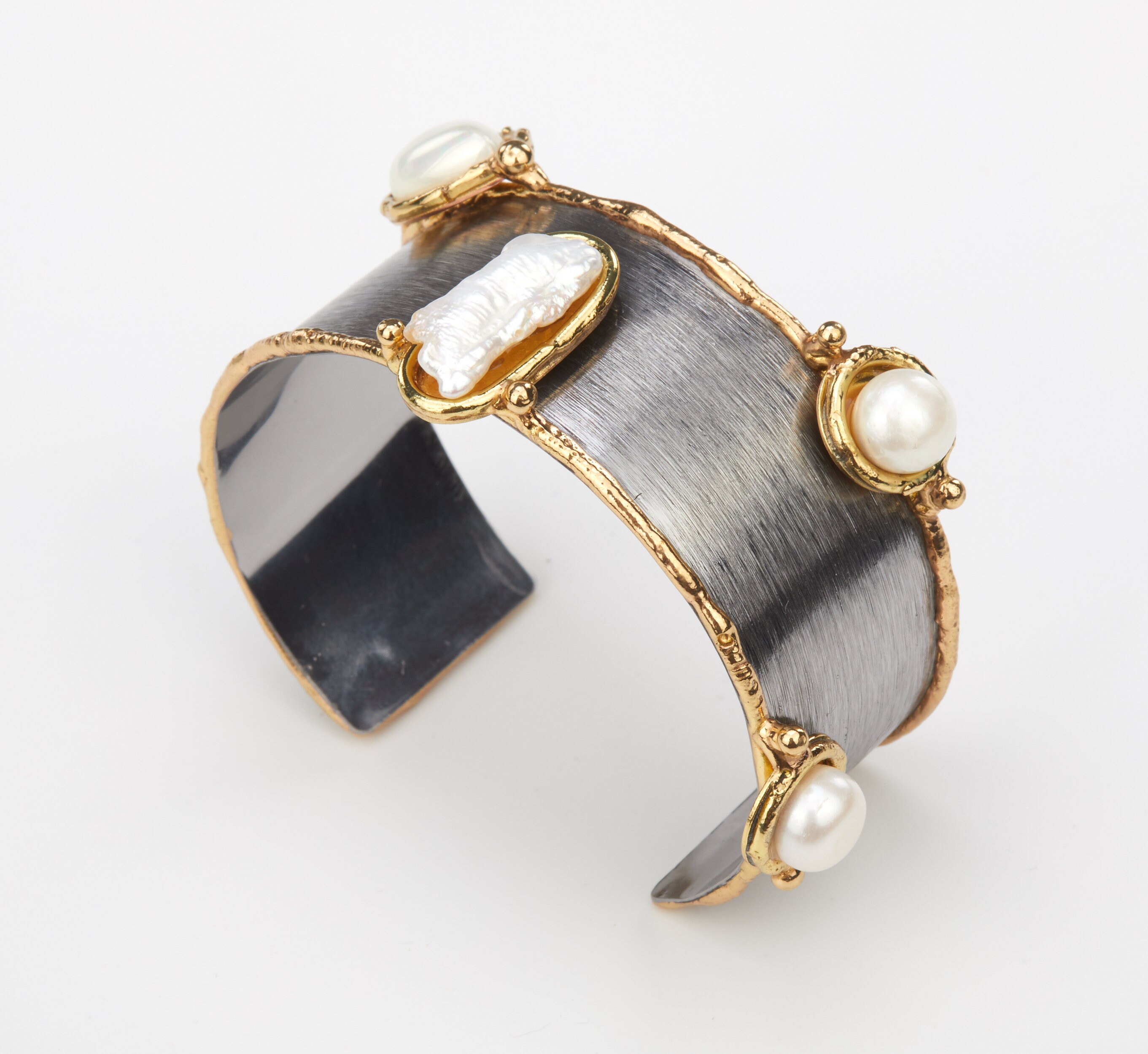Wide Metal Band Cuff With Baroque Pearls in Brass Bezel.brass Rimmed ...