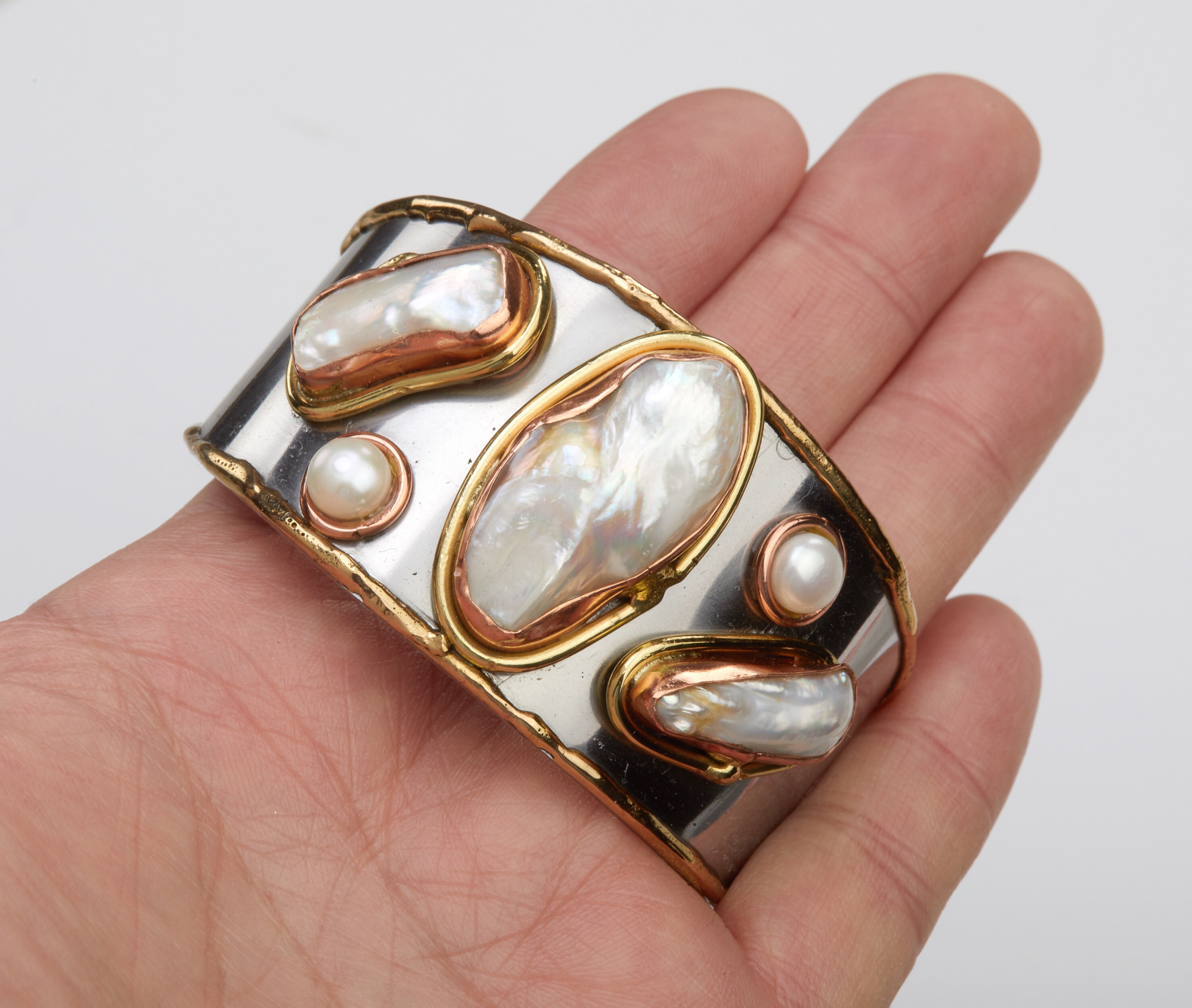 Large Baroque Pearls Cuff on Wide Stainless Steel Band,brass Rimed ...
