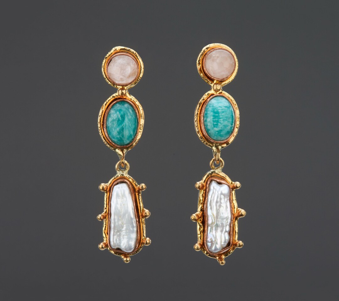 Three Tier Baroque Pearl Earring With Rose Quartz Amazonite,mixed Stone ...