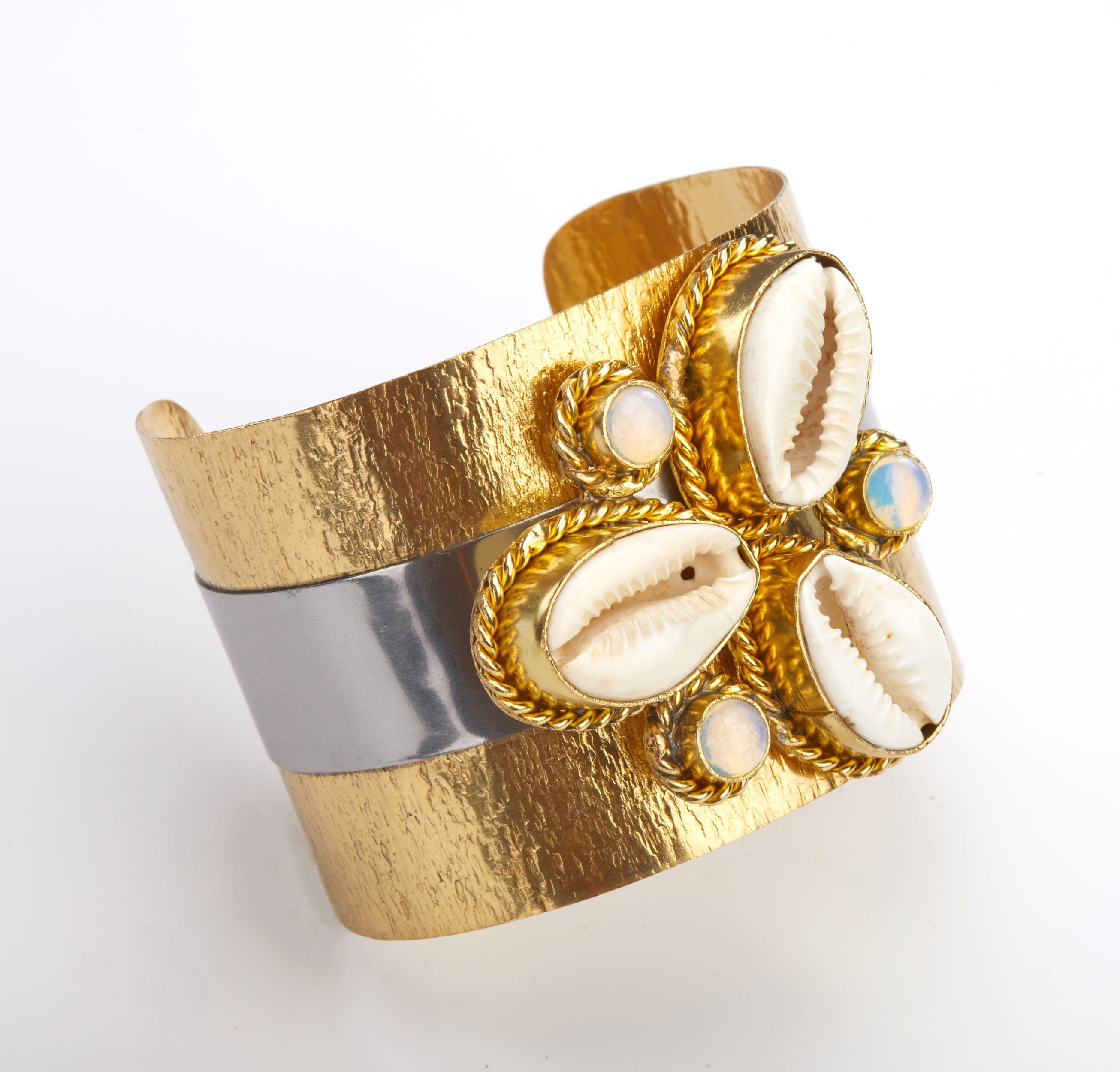 Three Lobe Cowrie Shell and Opalite on Wide Steel Brass Cuff,textured ...