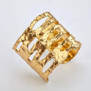 Very Wide Rustic Fashion Ripped Brass Cuff, Gold Toned Textured Brass ...