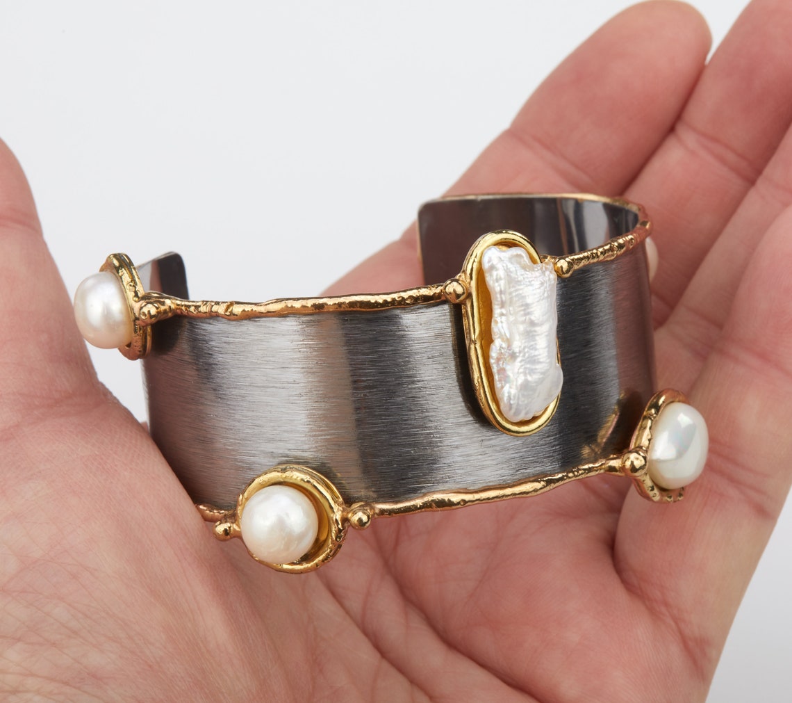 Wide Metal Band Cuff With Baroque Pearls in Brass Bezel.brass Rimmed ...