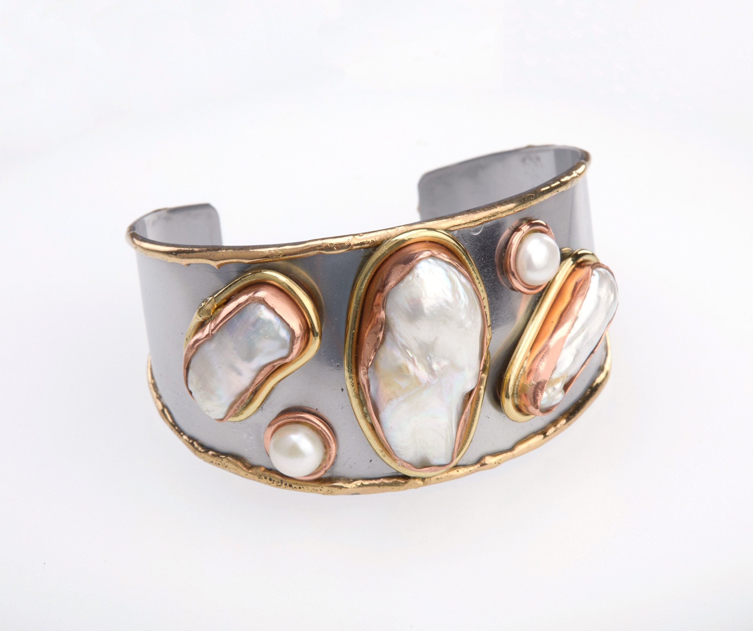 Large Baroque Pearls Cuff on Wide Stainless Steel Band,brass Rimed ...