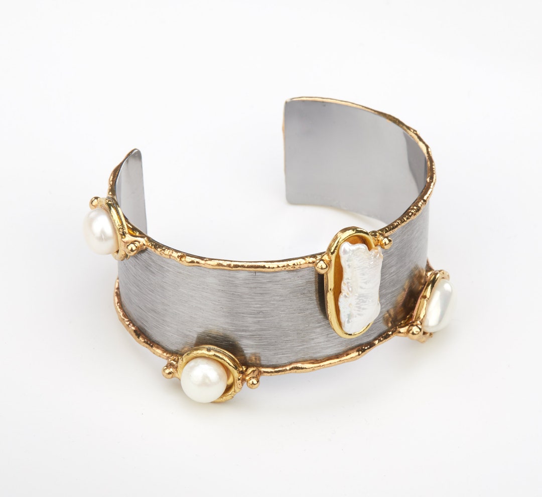 Wide Metal Band Cuff With Baroque Pearls in Brass Bezel.brass Rimmed ...